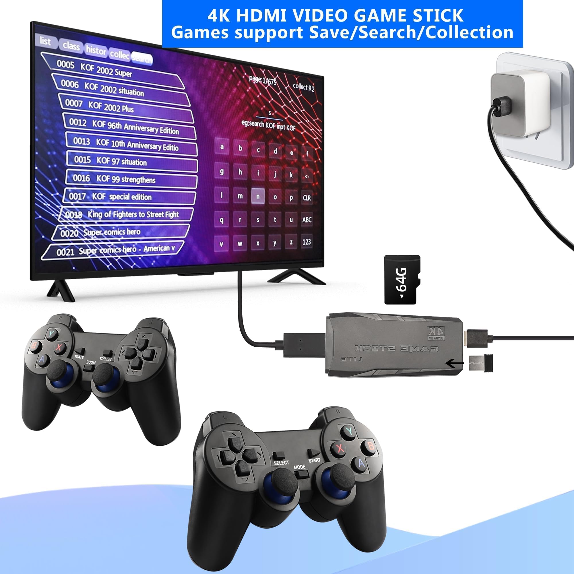Retro Game Stick, FNKTQL Wireless Retro Game Console Built in 10000+ Games, 9 Emulators, Plug and Play Video Game Stick 4K HDMI Output with 2.4GHz Wireless Controllers (64G)