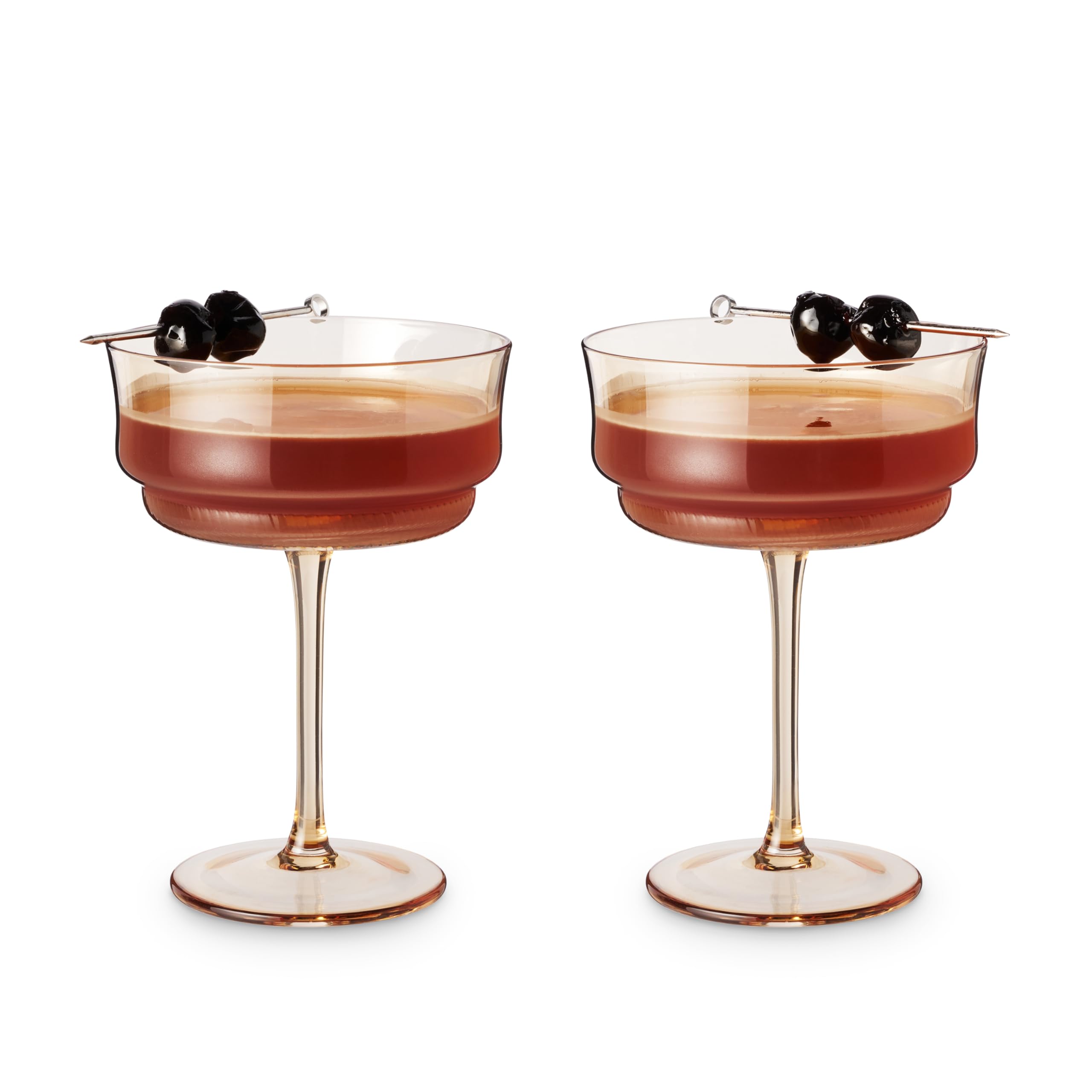 Twine Tulip Coupe Glasses, Gold Amber Tinted Drinking Stemmed Cocktail Tumblers or Wine Cups, Yellow Brown, 9 Oz, Set of 2