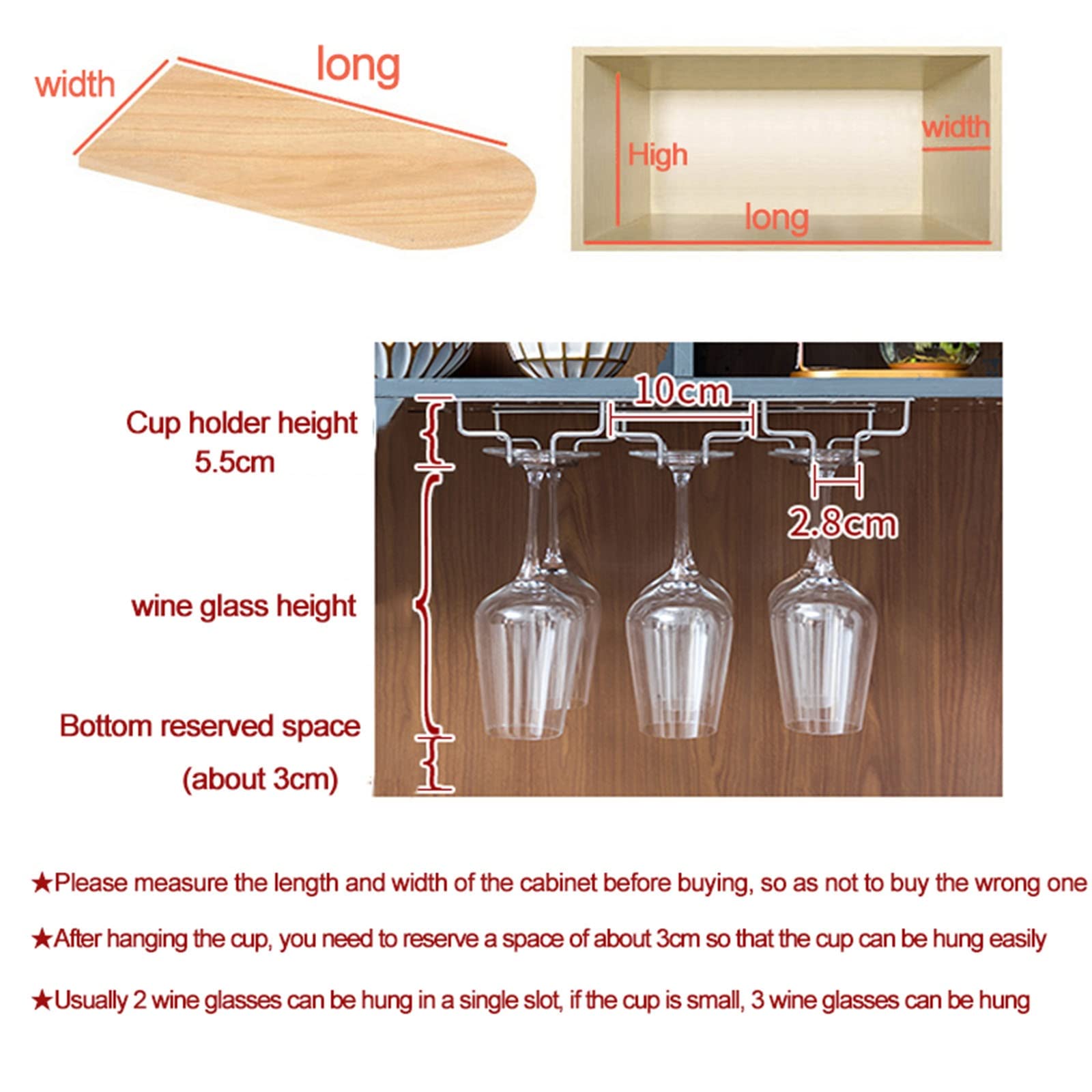 V3VOGUE Steel Under Cabinet Wine Glass Holder Rack, Stemware Holder, 3/4/5/6/7/8 Row Glasses Storage Hanger, Hanging Champagne Goblets Holders, with Screws (Row : 6Row, Size : Width: 28cm)
