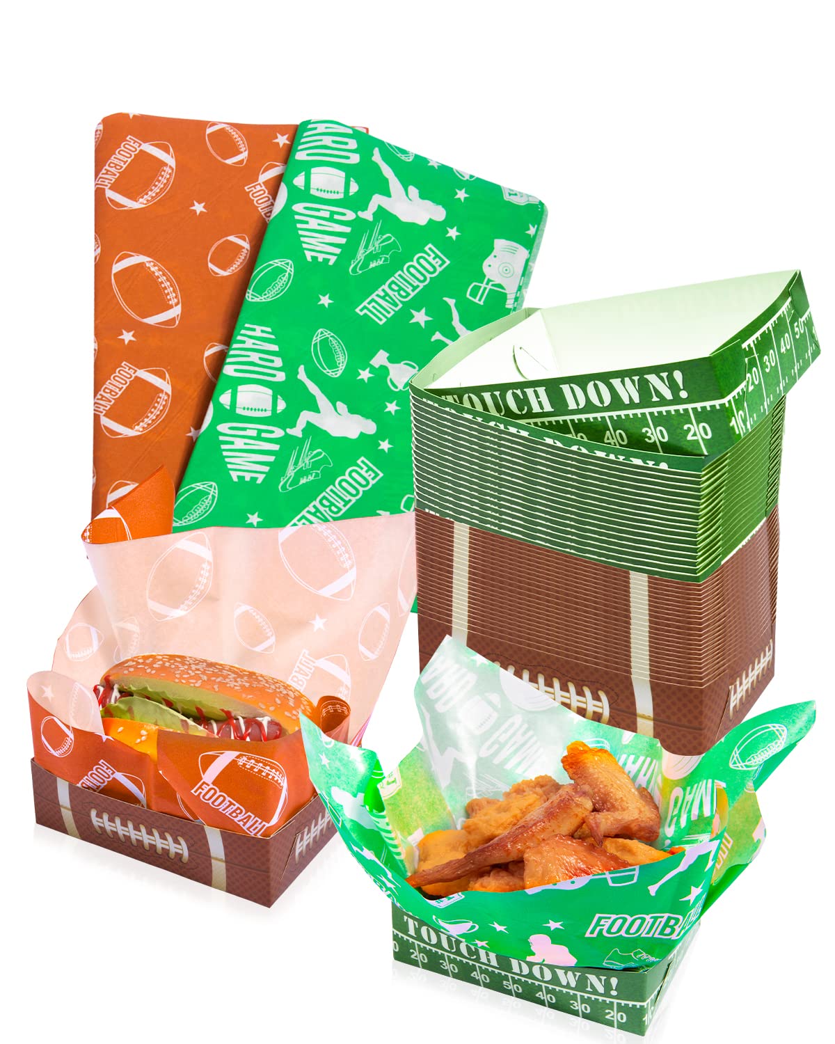 YAYIP 50 Pack Paper Food Trays Disposable with Football Style, Nacho Trays and Hot Dog Tray with Grease Resistant Liner Papers Waxed Deli Sheets for Movie Night Supplies, Food Serving Boats for Snacks