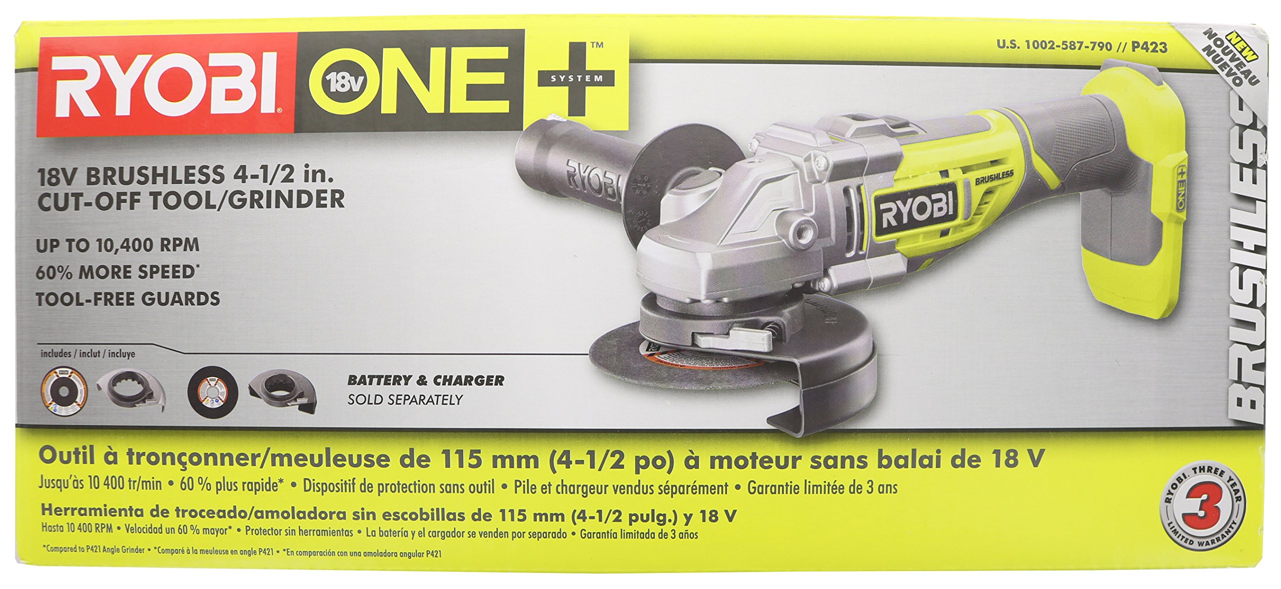 Ryobi P423 18V One+ Brushless 4-1/2" 10,400 RPM Grinder and Metal Cutter w/ Adjustable 3-Position Side Handle and Onboard Spanner Wrench (Battery Not Included, Power Tool Only)