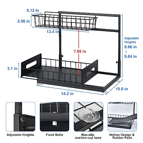 VANRIOS 100% Metal Under Sink Organizer and Storage, 2-Tier Pull Out Cabinet Organizer Shelf Under Cabinet Storage Height Adjustable Non-Slip Multi-Use Slide Out Cabinet Basket for Bathroom, Kitchen