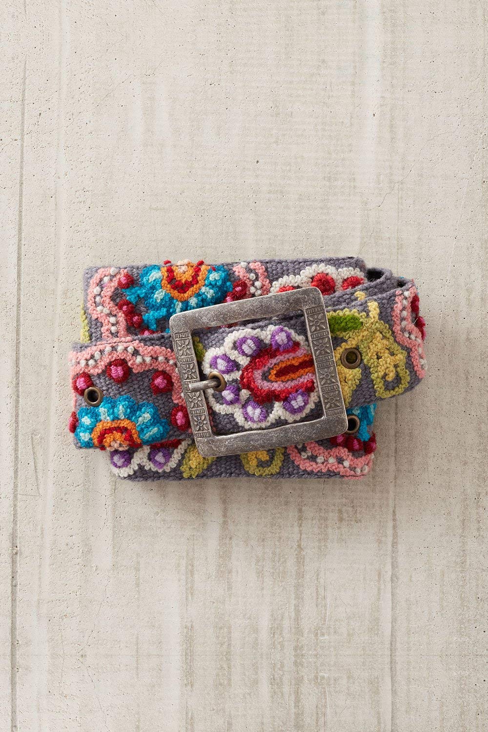 Tey-Art Beatrix Hand Embroidered Fair Trade Wool Belt (S, Charcoal)