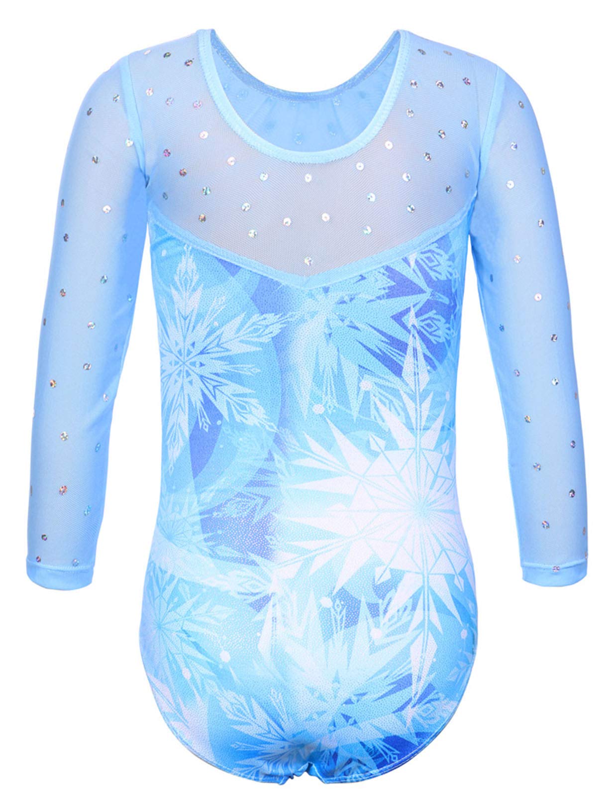 TFJH E Girls Gymnastic Leotards 3/4 Sleeve Mesh Practice Outfits size 5-6, SnowflakeBlue 6A