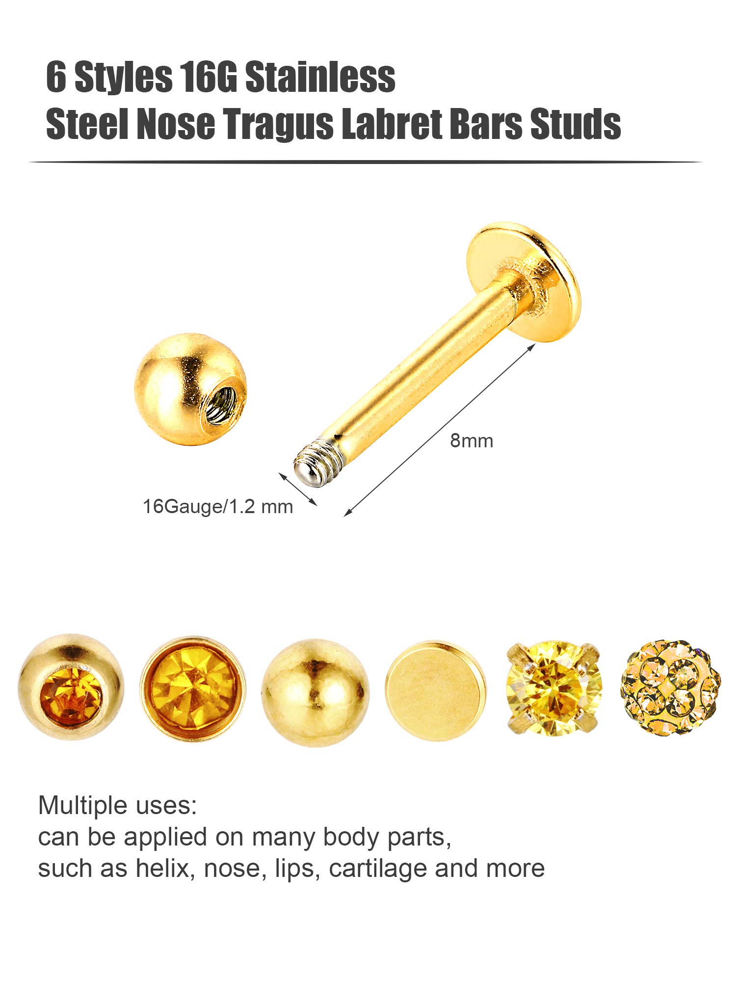 Sumind Nose Studs 16G tragus piercing jewelry Tragus Earrings Lip Rings Diamond Crystal Stainless Steel Labret Bars Body Piercing Jewelry, 6 Designs(Gold)