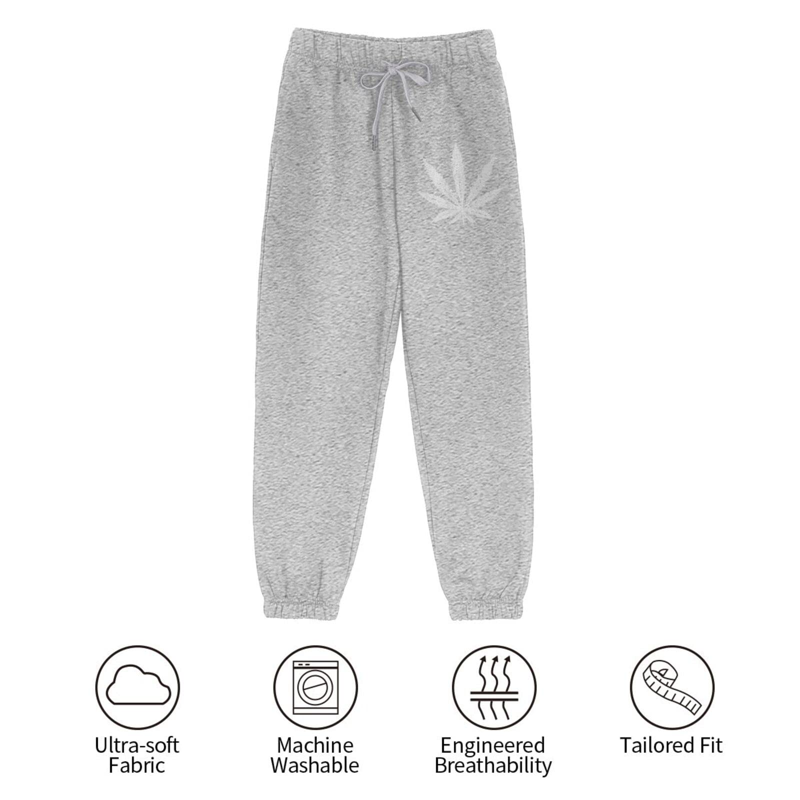 White Weed Leaf Women's Casual Yoga Sweatpants Athletic Workout Elastic Waist Jogger Pants Large