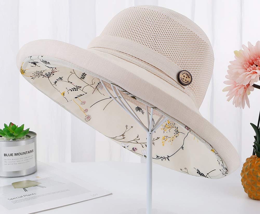 Summer Mesh Sun Hats for Women Lightweight Beach Hat Floral UPF50+ Packable Wide Brim Bucket Hat with Chin Strap Beige