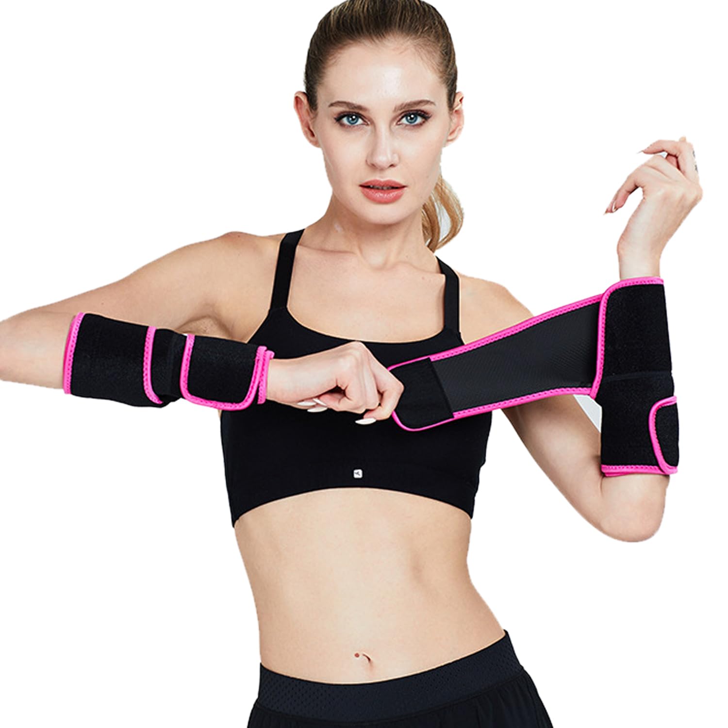 YAVOUN Slimming Compression Sleeve, Antebrachium, Bicep, Arm Compression Wraps Sport Workout Exercise Provides Support & Ease Pains, Elbow Support (Black+Pink)