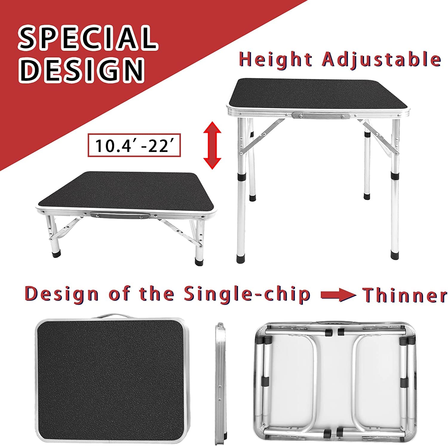 Small Folding Table 2ft Lightweight Camping Table Adjustable Height Portable Table Easy Set Up Collapsible Folding Tables for Indoor Outdoor Picnic Party Hiking BBQ (black, 23.8" kitchen station)
