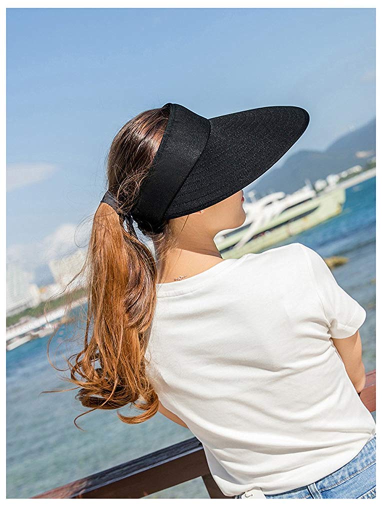 Sun Visor Hats for Women, Large Brim UV Protection Summer Beach Cap, 5.5''Wide Brim (Black)