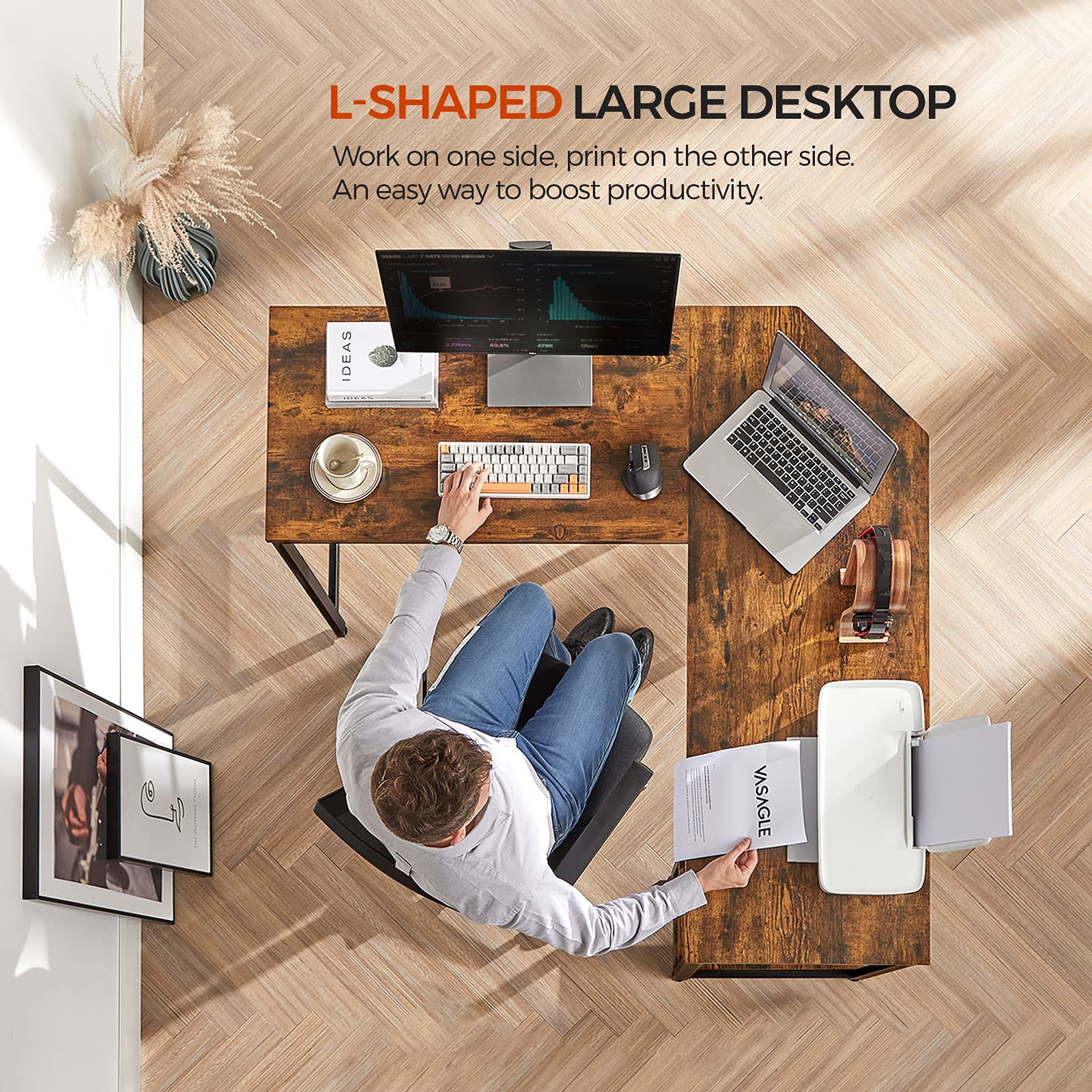 VASAGLE Computer Desk and Bookshelf Bundle, L-Shaped Computer Desk and 4-Tier Bookcase with Steel Frame, for Home Office, Industrial, Rustic Brown and Black ULWD72X and ULLS60BX