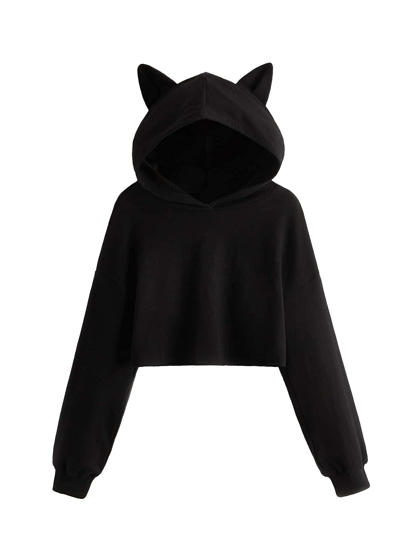 WDIRARA Girl's Cute Cat Ear Crop Tops Long Sleeve Causal Plain Crop Hoodie Sweatshirt Pullover Shirt with Cat Ear Black 8Y