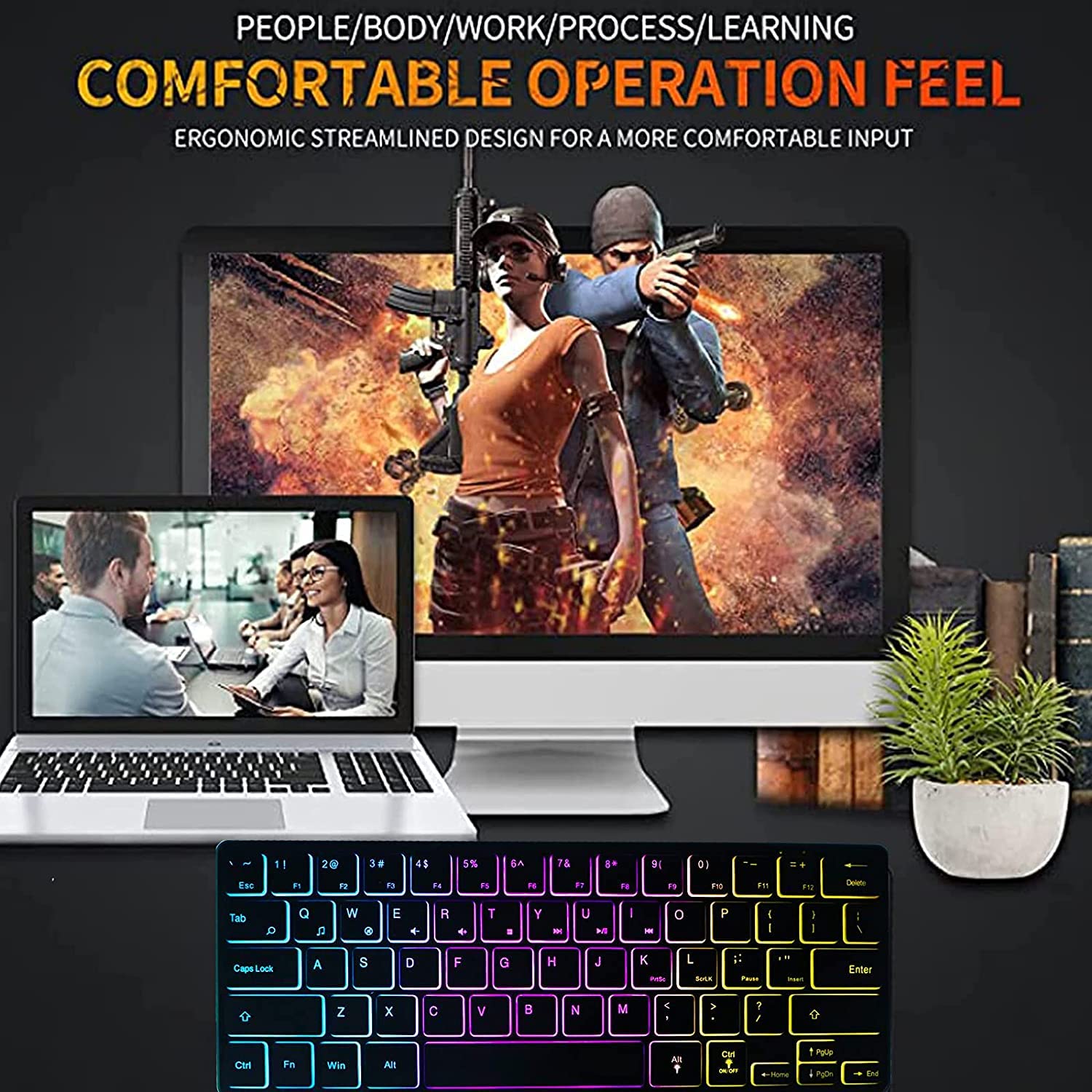 WREWING Gaming Keyboard 60 Percent, 64 Keys Compact Mini Ultra Thin Portable Wired Keyboard with Silent Click RGB Backlit Ergonomic Stand, for Gamers Office Mac Windows PC Laptop (Black)