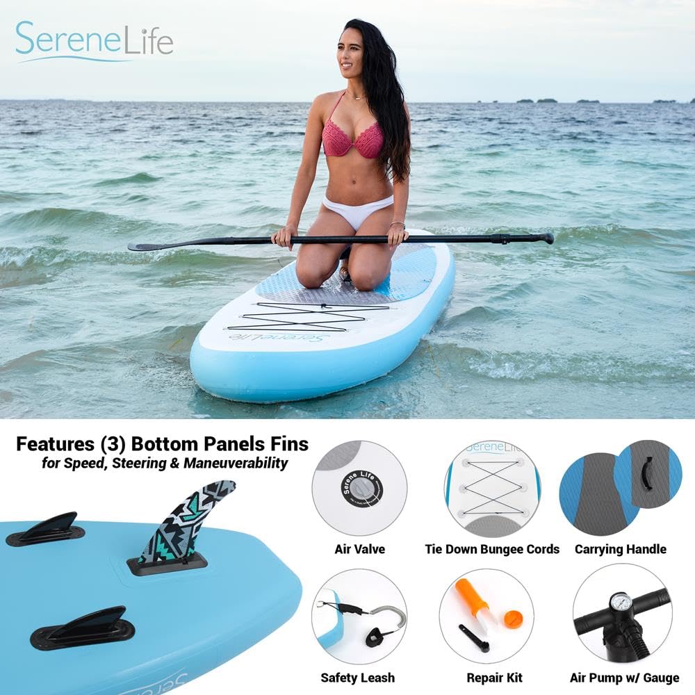 SereneLife Stand up Paddle Board Inflatable - Non-Slip SUP Paddle Board Paddle, Pump, Leash, and Accessories - Fun Water inflatable paddle board for Adults and Youth with Wide Stable Design