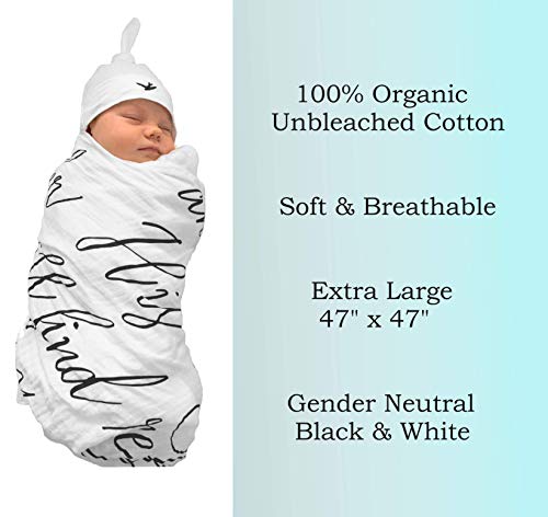 Under His Wings Muslin Swaddle & Bonus Baby Hat with Scripture Quote (Psalm 91) - 100% Organic Unbleached Cotton - Swaddle/Blanket is a Unique Shower & Baptism Gift -