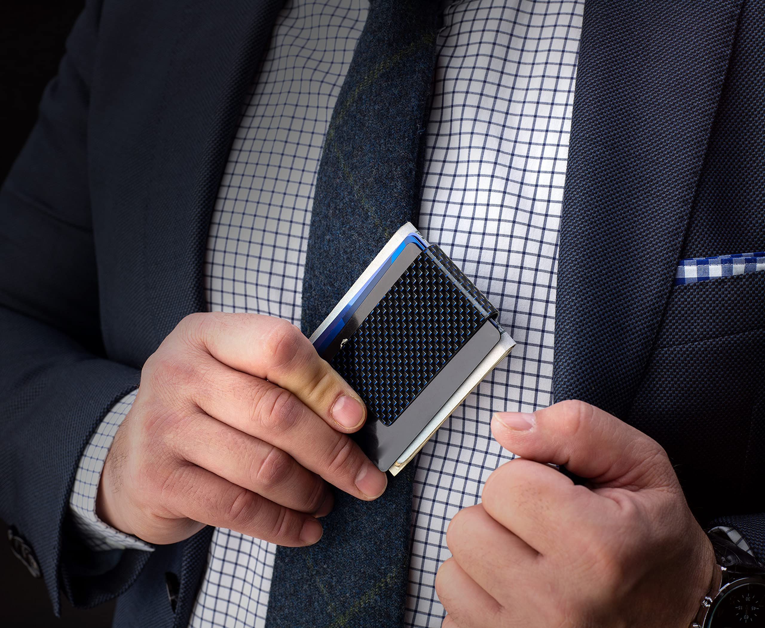 SERMAN BRANDS Carbon Fiber Money Clip Credit Card Holder Slim Business Front Pocket Clips for Men Black Glossy (Blue/black)