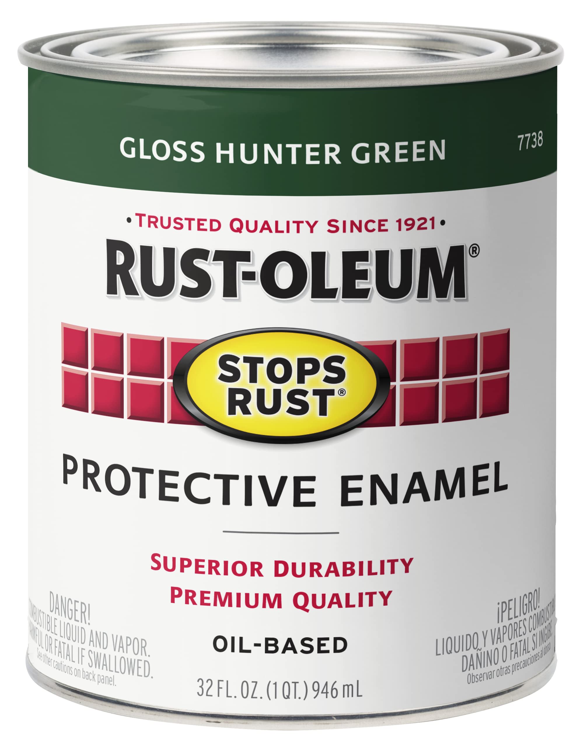 Rust-Oleum 7738502 Stops Rust Brush On Paint, Quart, Gloss Hunter Green, 1 Quarts (Pack of 1)