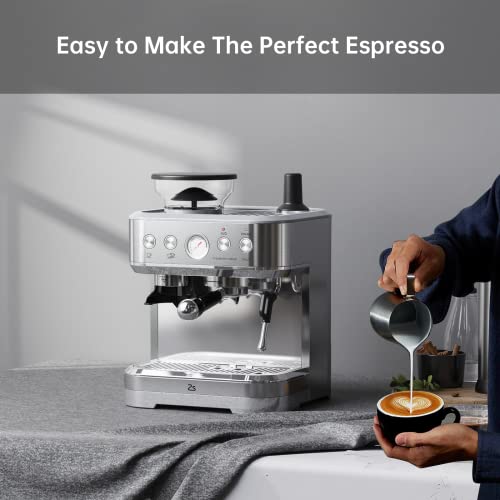Zstar Espresso Machine with Milk Frother and Grinder, 15 Bar Automatic Espresso Coffee Machine All In One Coffee Maker with Italian ULKA Pump, 2.5L Water Tank, Brushed Stainless Steel for Home Office