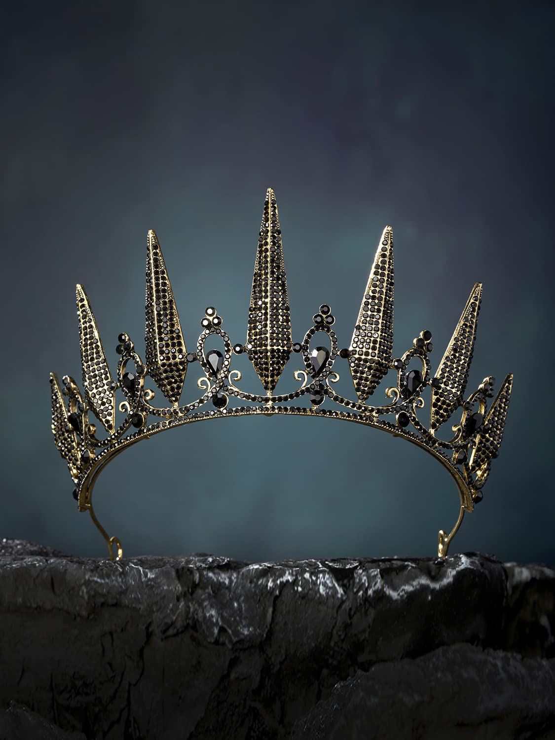 SWEETV Gothic Crown Pageant Tiara for Women, Black Queen Tiaras and Crowns, Witch Costume Party Accessories for Wedding Halloween Prom