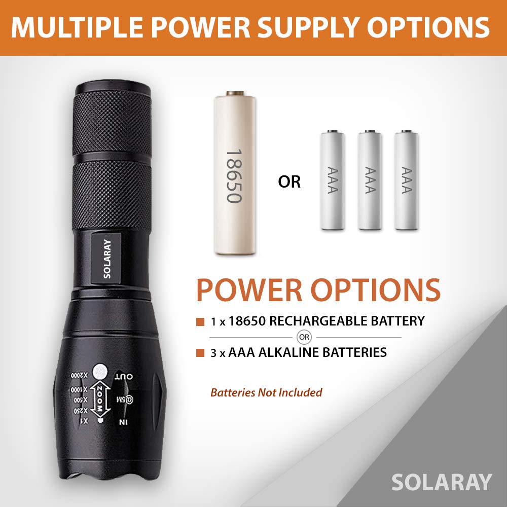 Solaray Handheld LED Tactical Flashlight – Professional Series ZX-1 - Bright High Lumen Flashlight - 5 Light Modes, Adjustable Zoom, Water Resistant - Perfect for Camping Fishing Emergency
