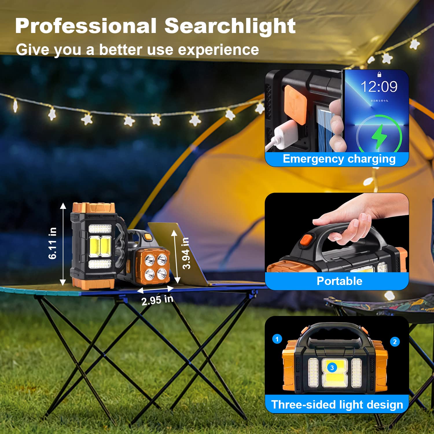 Two Side Solar Handheld Flashlight with COB Sidelight, High Bright 8 Modes Spotlight with USB Cable, Rechargeable Portable LED Searchlight for Outdoor Hunting Boating Camping Emergencies, Small