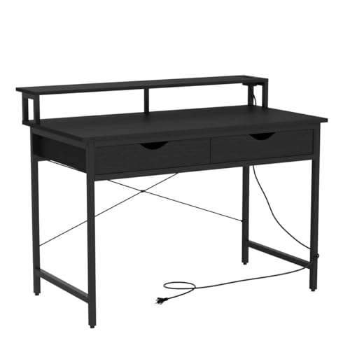 Rolanstar Computer Desk with 2 Drawers and Power Outlet, 39" Home Office Writing Desk with Monitor Stand, Workstation Table with Stable Metal Frame, Black