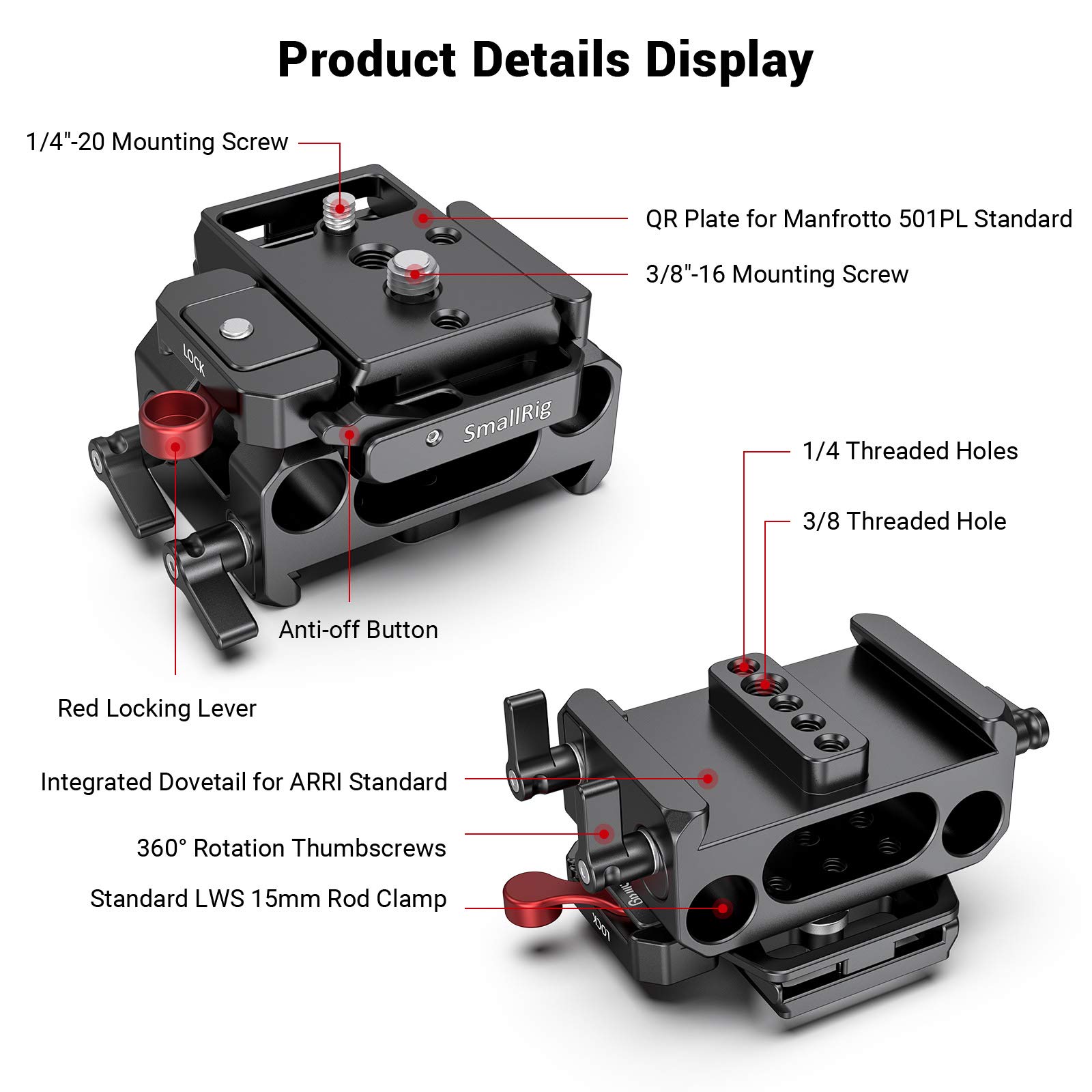 SMALLRIG BMPCC Baseplate for Manfrotto 501PL Compatible with Black Design Pocket Cinema Camera 4K & 6K โ 2266
