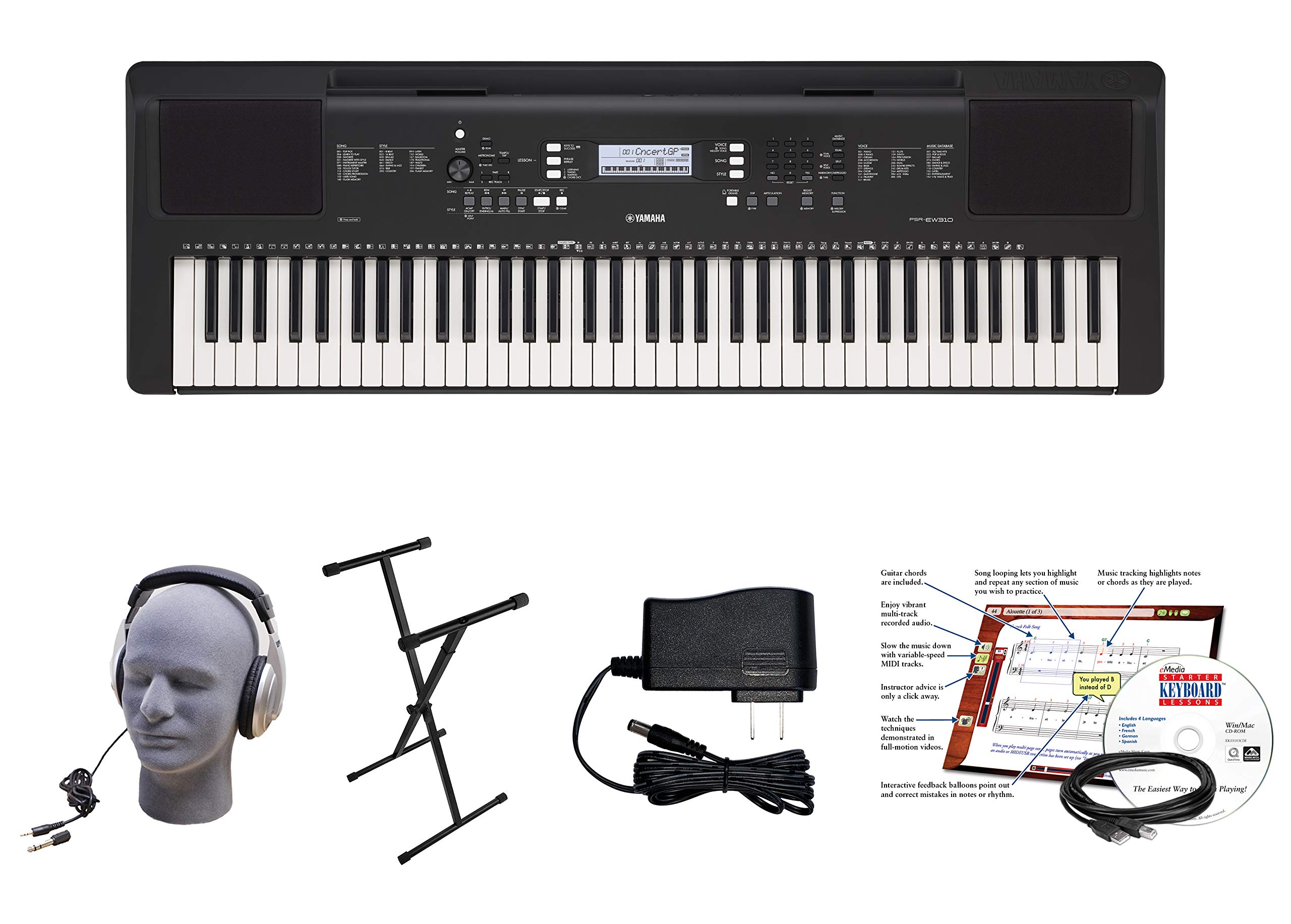Yamaha PSR-EW310 PKS 76-Key Premium Keyboard Pack with Power Supply, X-Style Stand, and Headphones, YAM PSREW310