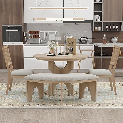 RUNWON 5-Piece Set, 44" Round Table with Curved Bench & Side Chairs for 4-5 People for Dining Room and Kitchen, Brown