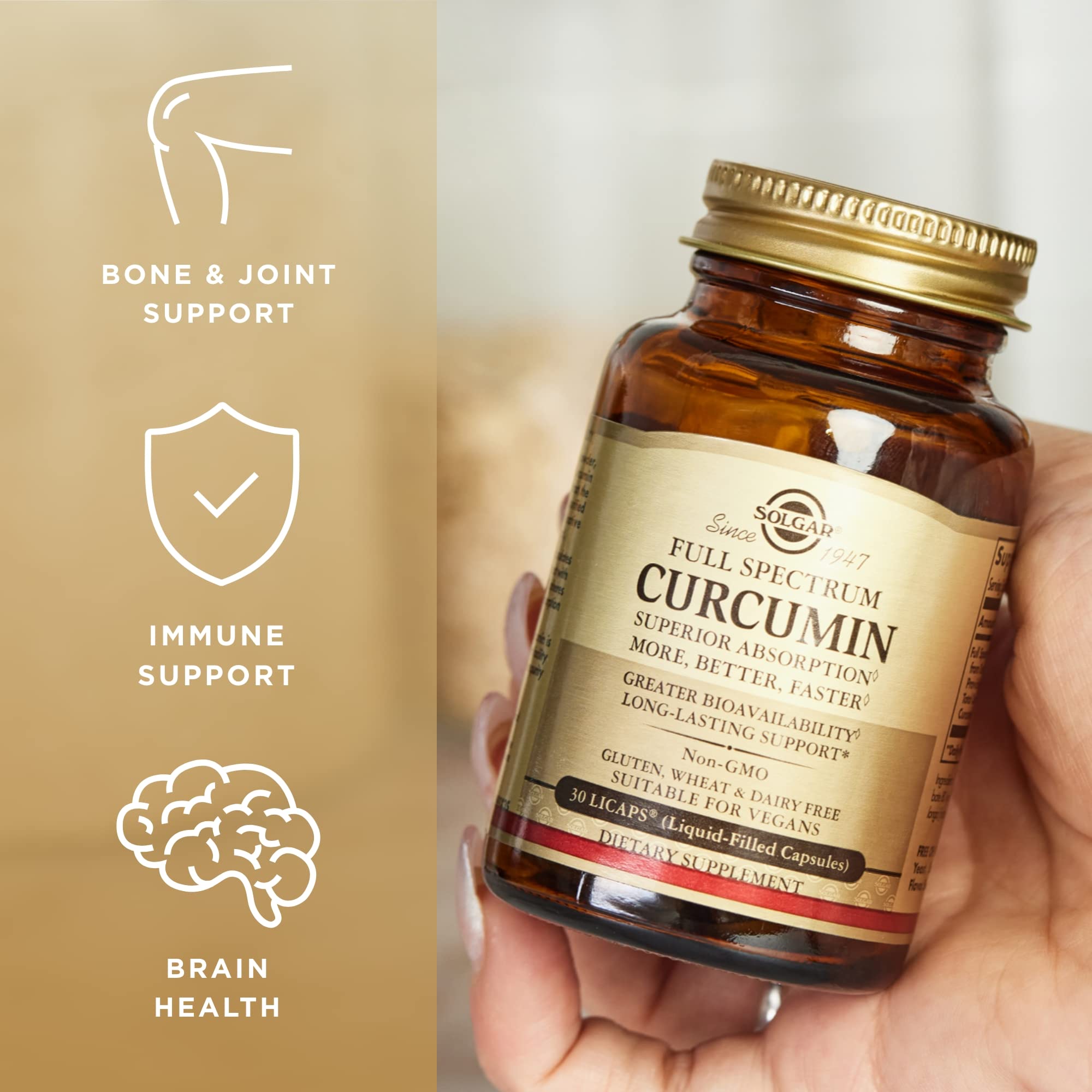SOLGAR Full Spectrum Curcumin - 30 LiCaps - Superior Absorption - Brain, Joint & Immune Health - Vegan, Gluten Free, Non-GMO, Dairy Free - 30 Servings