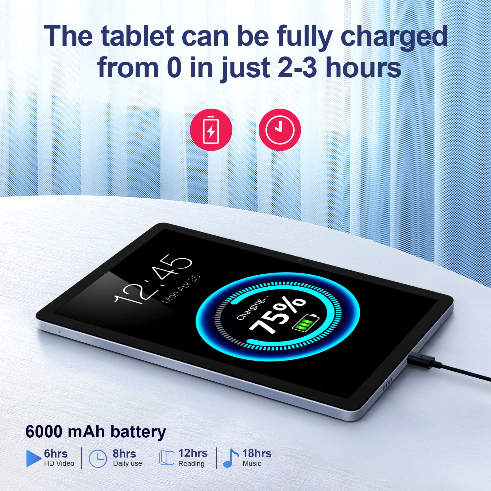 Wielio Android Tablet 10.1 inch 6GB+128GB 1TB Expand Octa-core Gaming Tablets PC, 6000mAh Battery, 2.4G/5G WiFi Parent Control,Blue