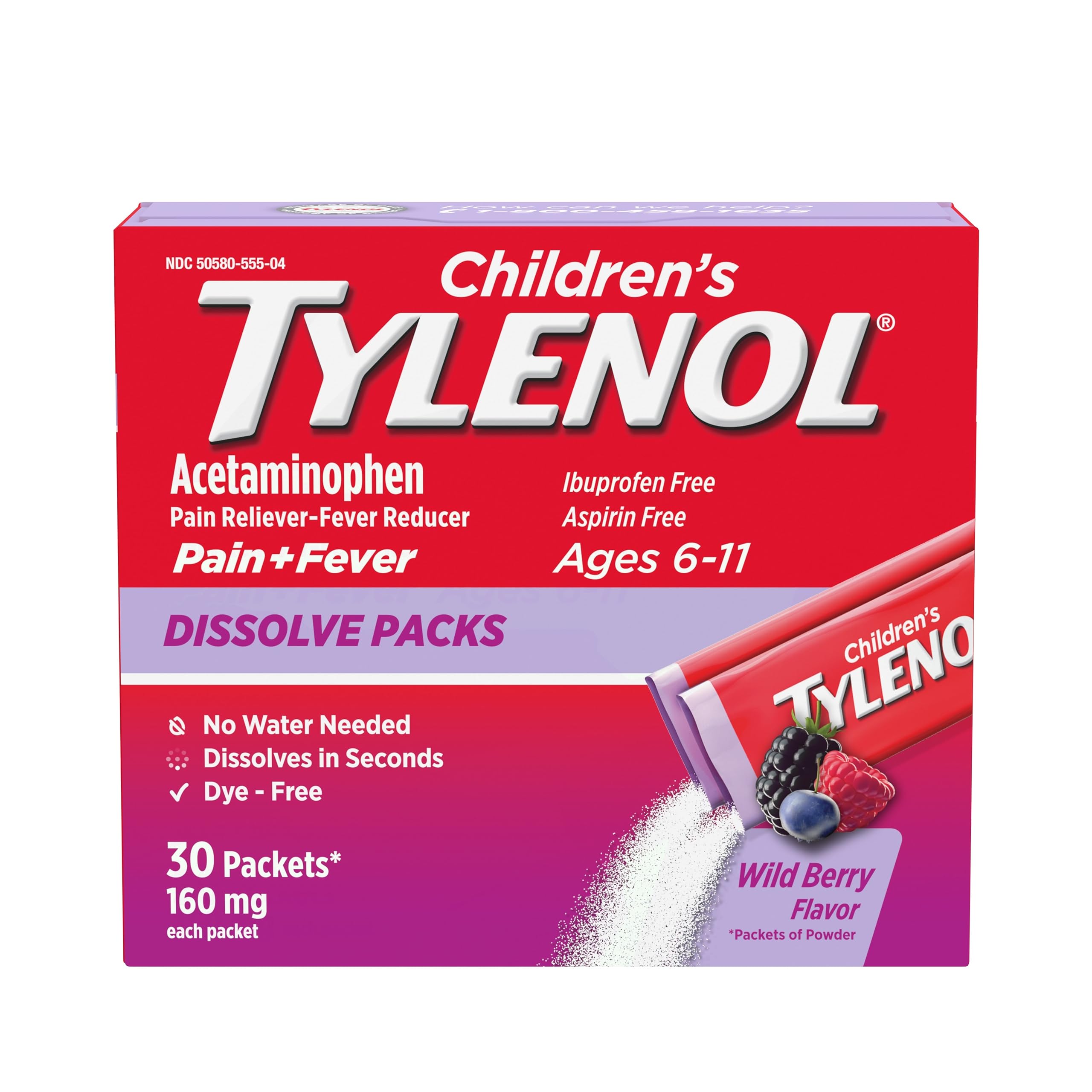 Tylenol Children's Dissolve Packs for Pain Relief, Fever Medication, 160 mg Acetaminophen, Dye Free, Kids' Powder Packets for Cold & Flu Symptom Relief; Wild Berry Flavor, 30 ct.; Pack of 1