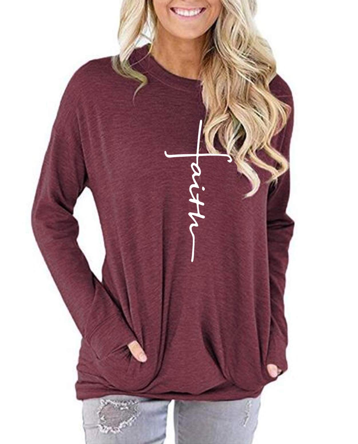 ZILIN Womens Casual Letter Print Crewneck T-Shirt Long Sleeve Tunic Tops Sweatshirt with Pockets