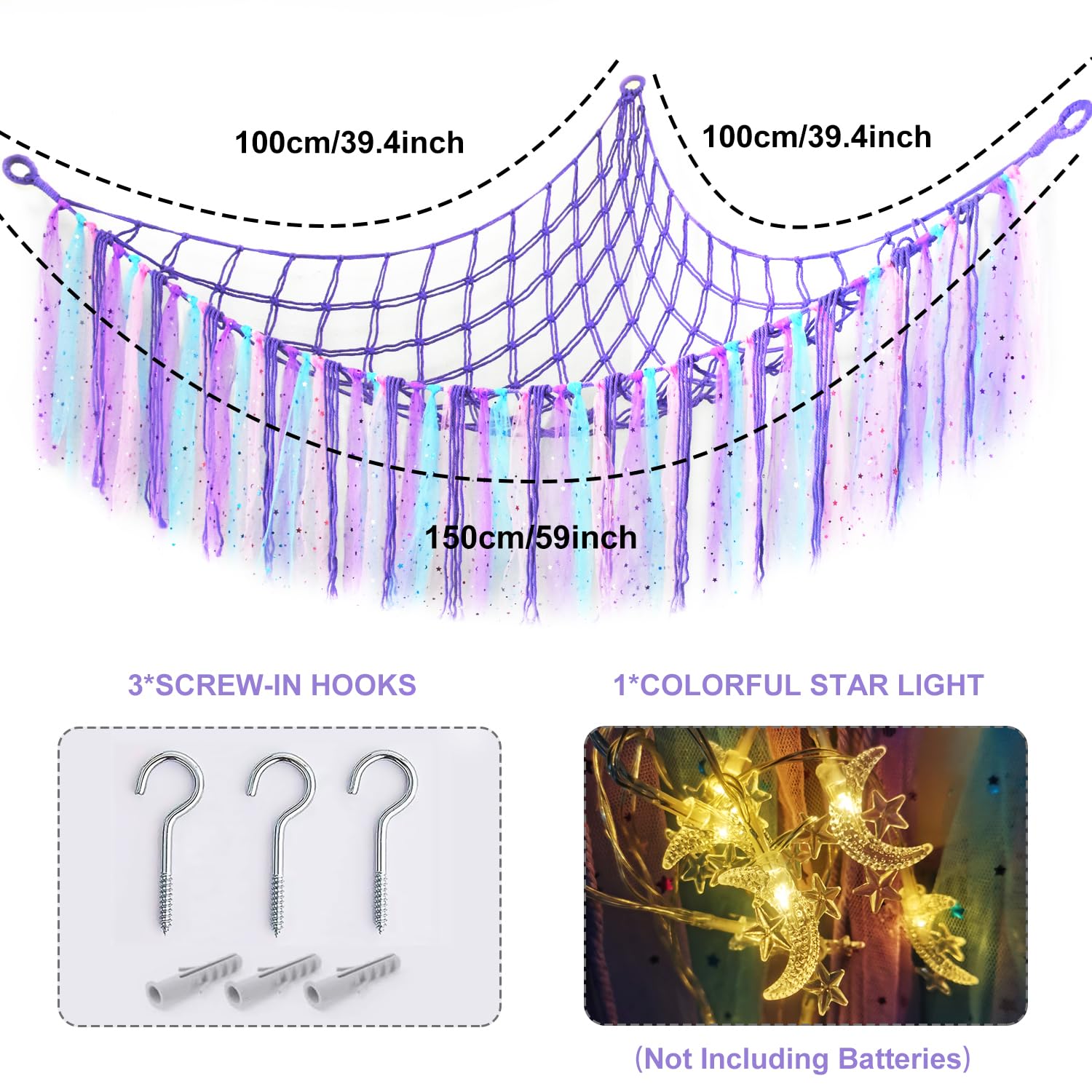 Stuffed Animals Net or Hammock with LED Light, 59 inch Mesh Toy Hammock Net for Stuffed Animals Holder Corner Organizer, Hanging Toy Net Pet Storage with Tassel & Hooks for Nursery Kids Bedroom