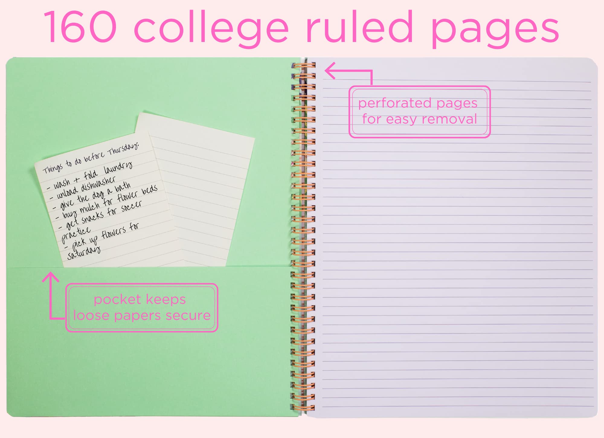 Steel Mill & Co Cute Large Spiral Notebook College Ruled, 11" x 9.5" with Durable Hardcover and 160 Lined Pages, Mint Floral