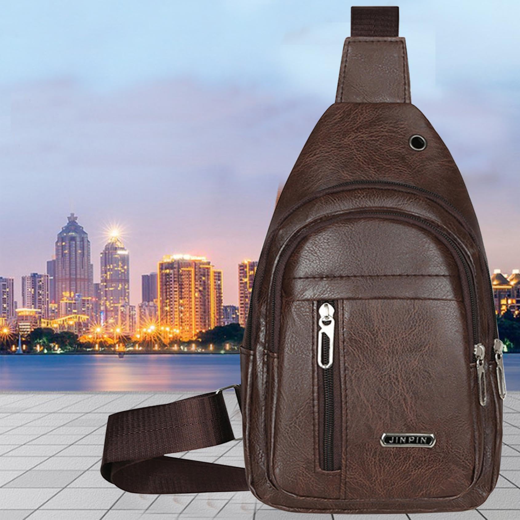 Str𝘢p B𝘢g Crossb𝘰dy Backpack With USB Hole With Headphone Hole Shoulder Str𝘢p Backpack Hiking Backpack Ch𝘦st Bag (Black-7)