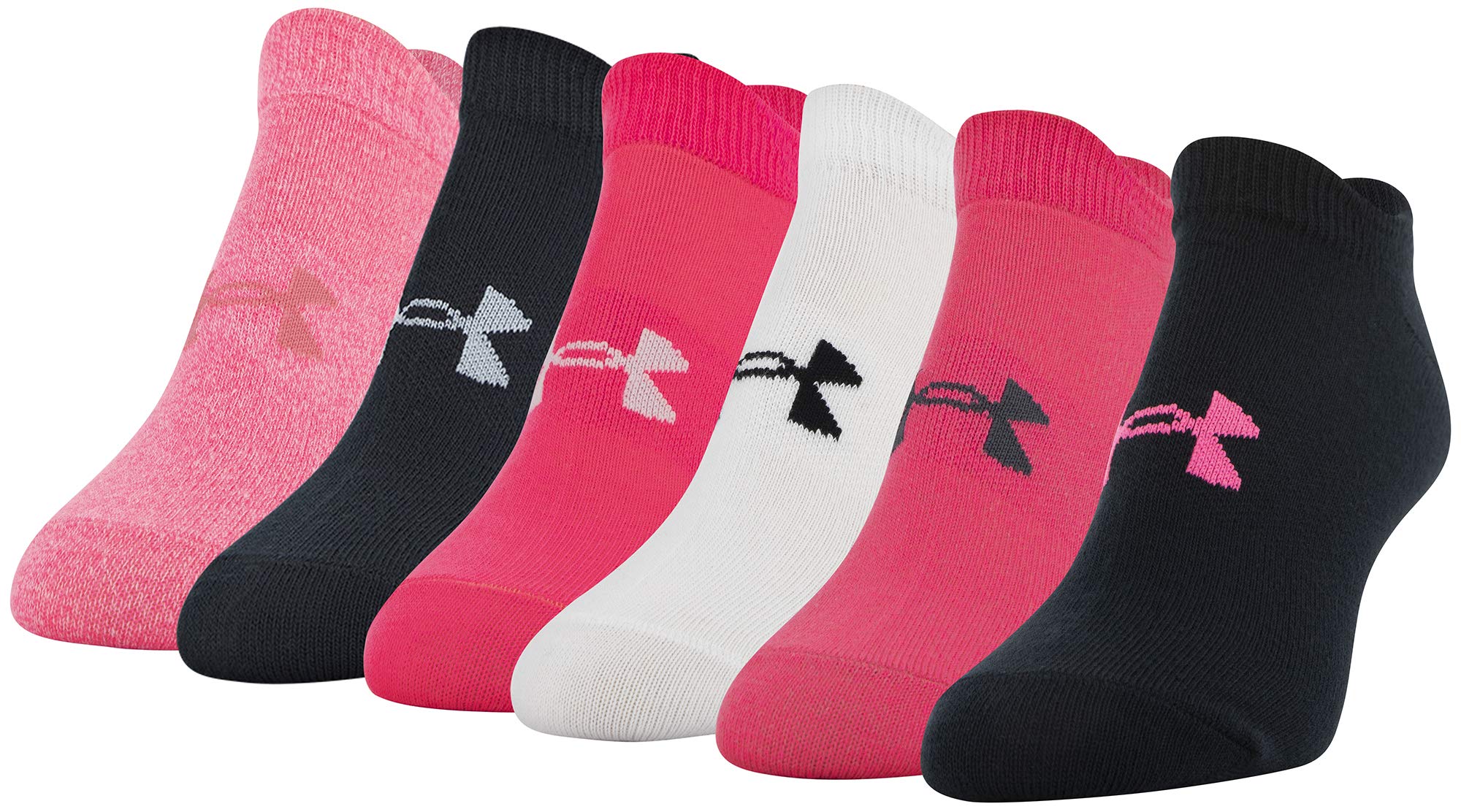 Under Armour Women's Essential 2.0 Lightweight No Show Socks, 6-Pairs, Black/White/Cerise, Medium