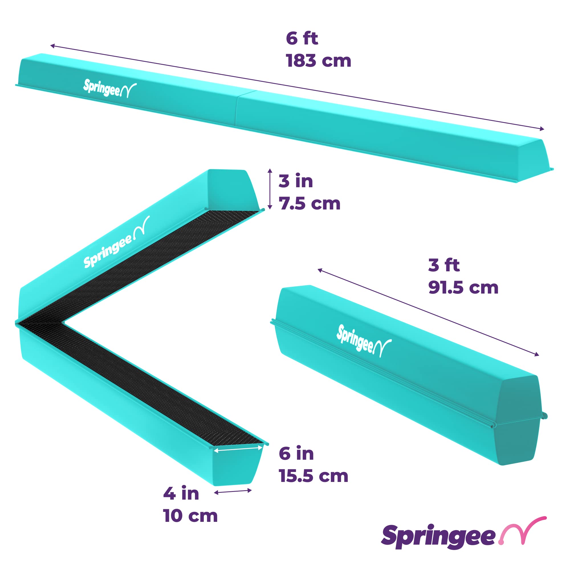 Springee 6FT Gymnastics Balance Beam - Thick Vinyl Foldable Non-Slip Extra-Firm Foam Floor Beams - Premium Home Training Equipment for Professionals and Beginners Athletes - Teal