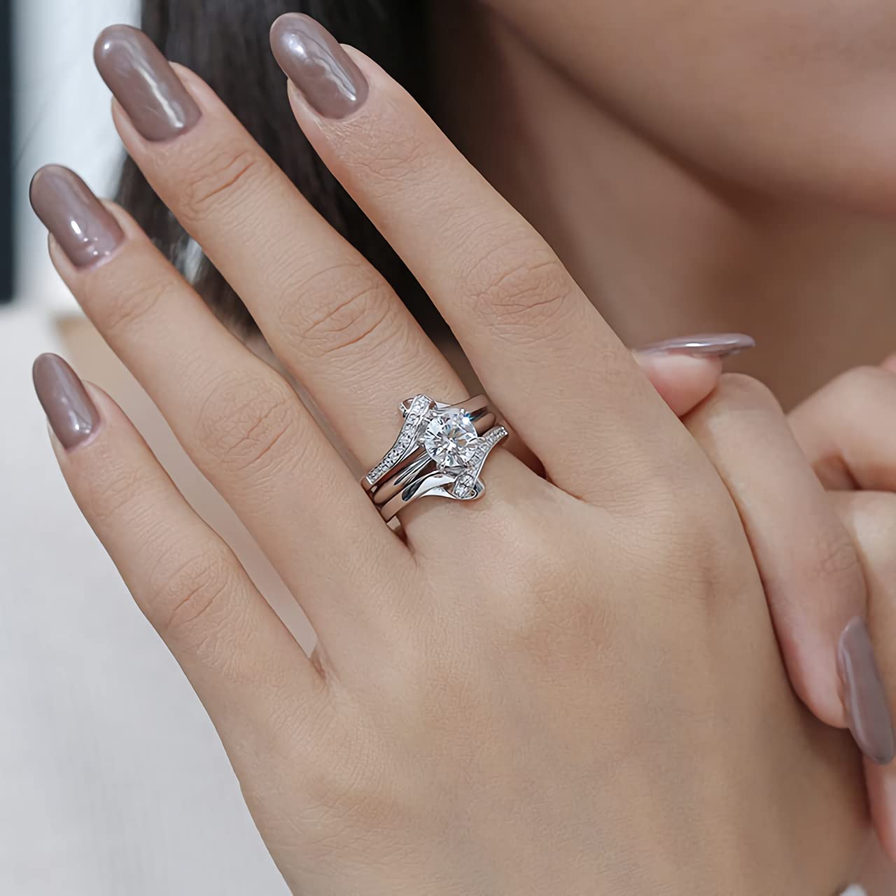 Wedding Ring Set for Women Bridal Ring Set 1 Carat Center Moissanite Engagement Ring Set Platinum Plated Silver 3 Piece Wedding Ring Sets for Her size7