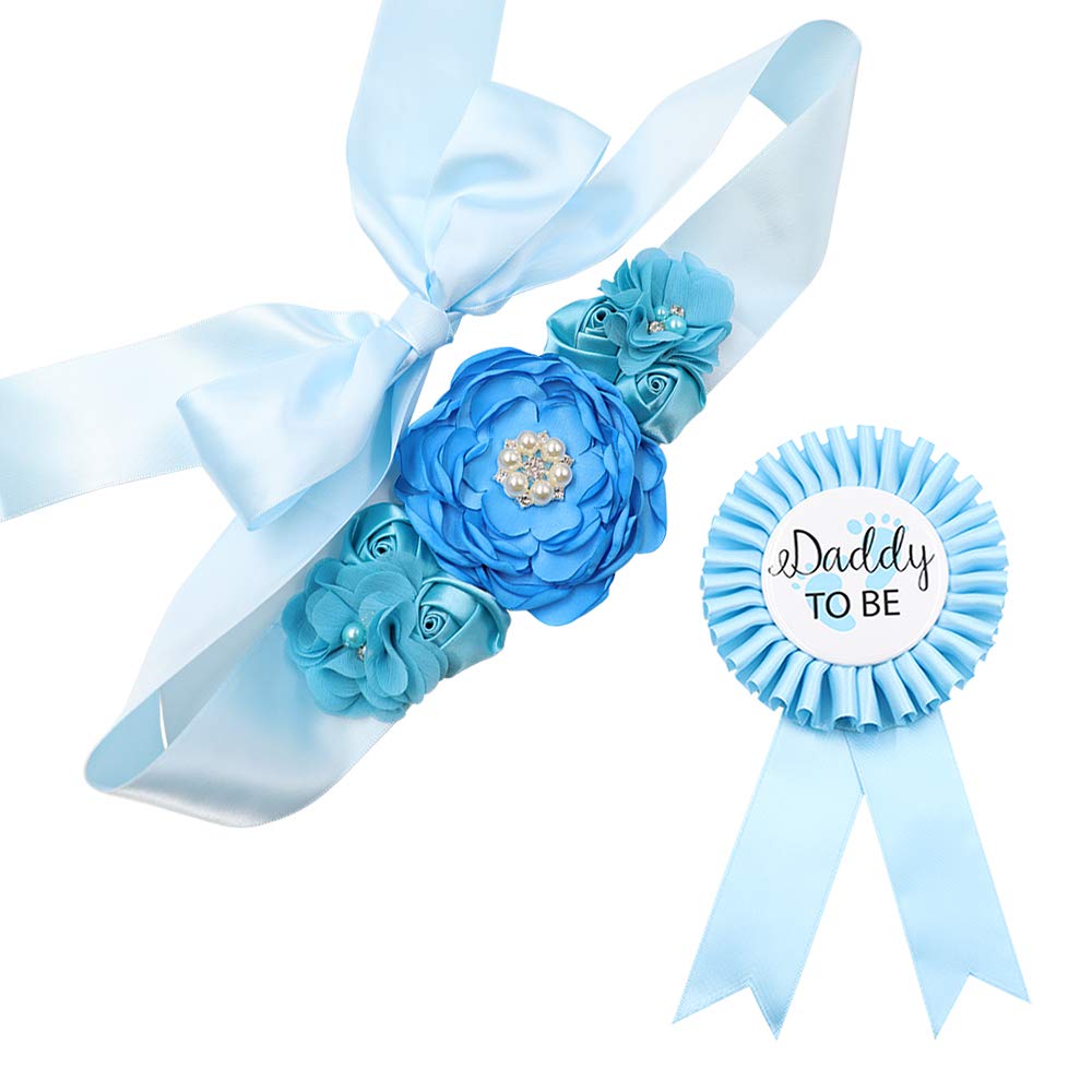 Sky Blue Maternity Sash & Daddy to be Corsage Set - Baby Shower Sash Baby Boy Pregnancy Sash Keepsake Baby Shower Flower Belly Belt