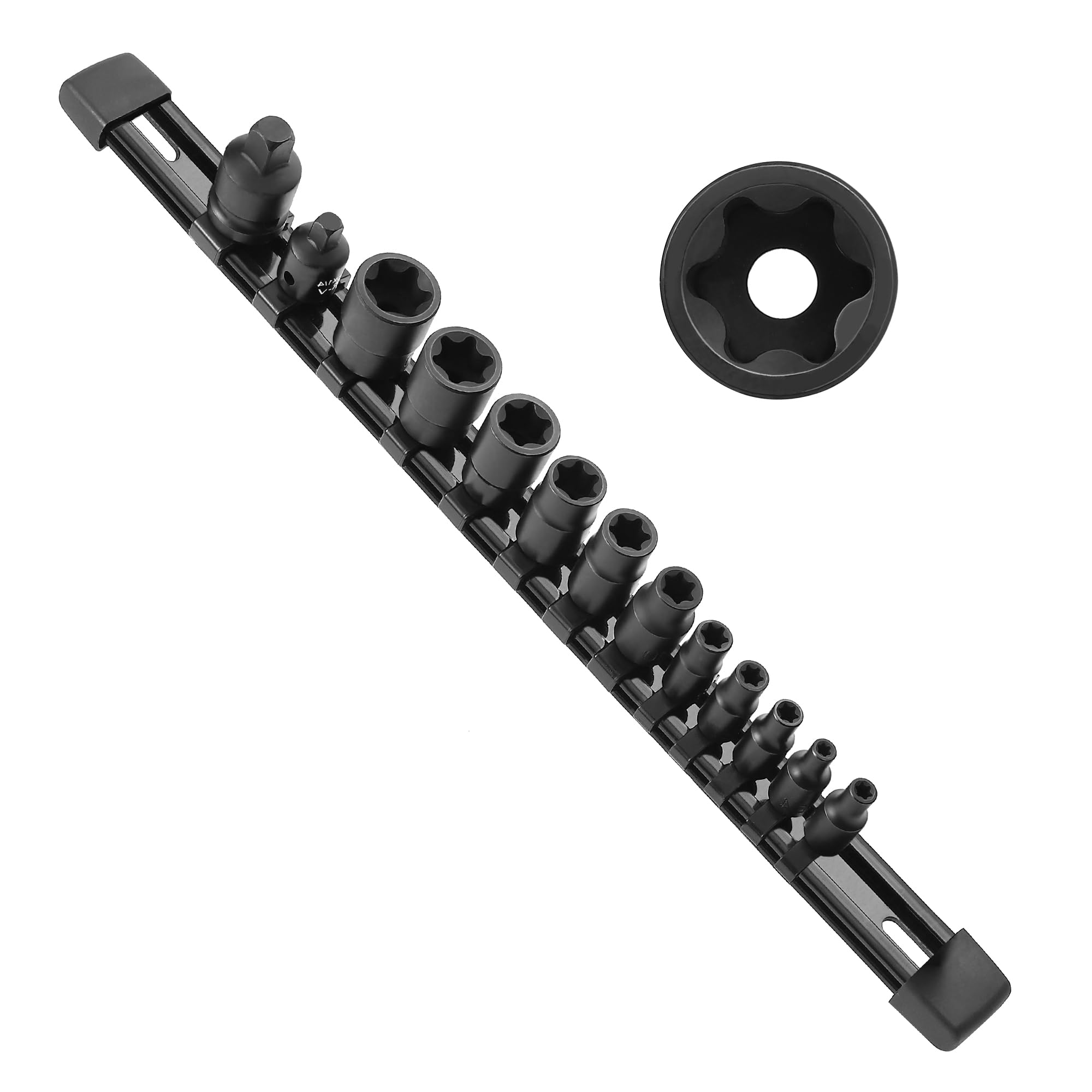 Reniteco 13 PC Female E Torx Star Socket Set with Rail - 11PC Star Socket Set and 2PC Impact Socket Adapter & Reducer Set,E4 - E20 Torque Socket Set