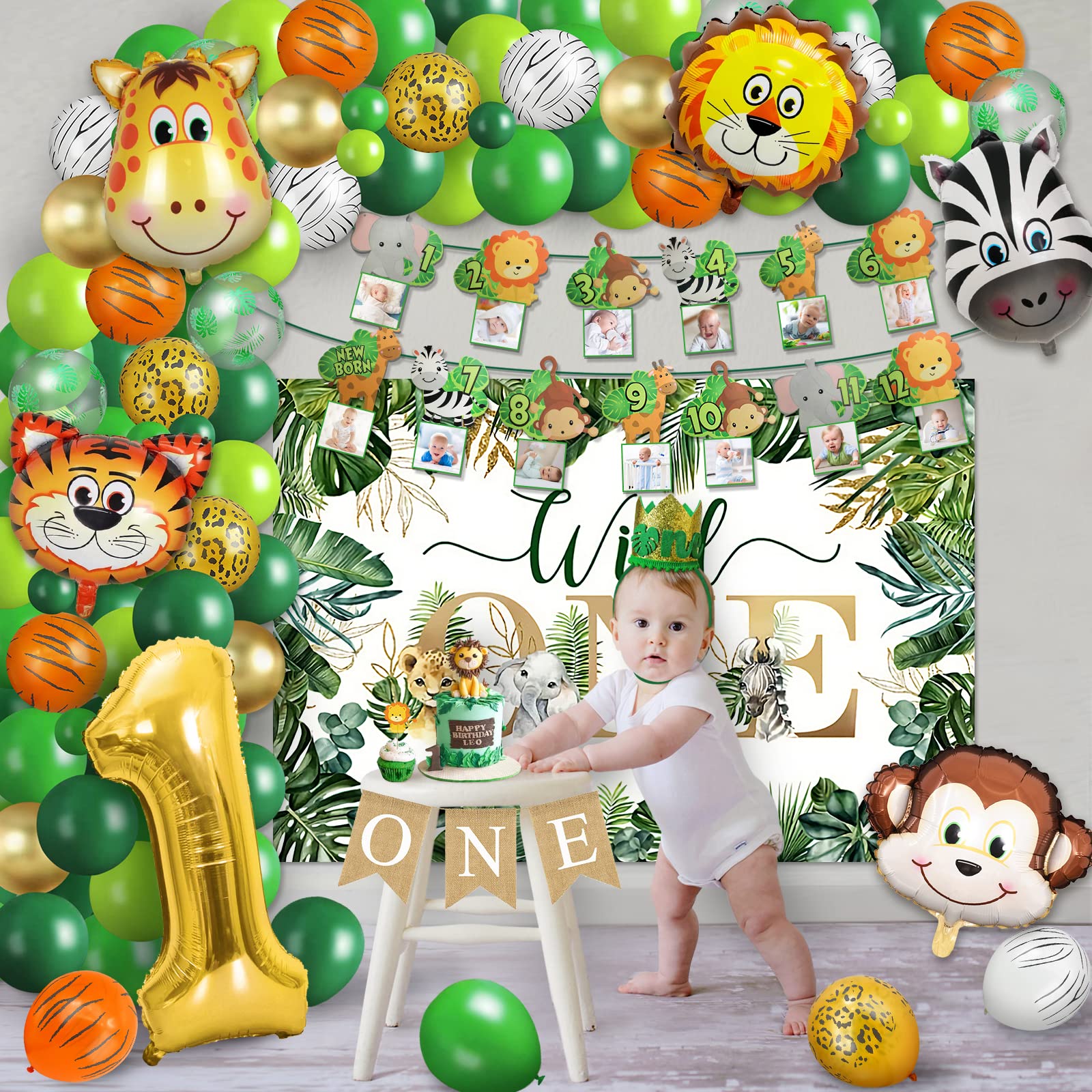 Wild One Birthday Decorations for Boys, Safari First Birthday Decorations, include Backdrop, Tablecloth, Balloon Arch, Highchair Banner, Monthly Photo Banners, Crown, Jungle Animals Foil Balloons