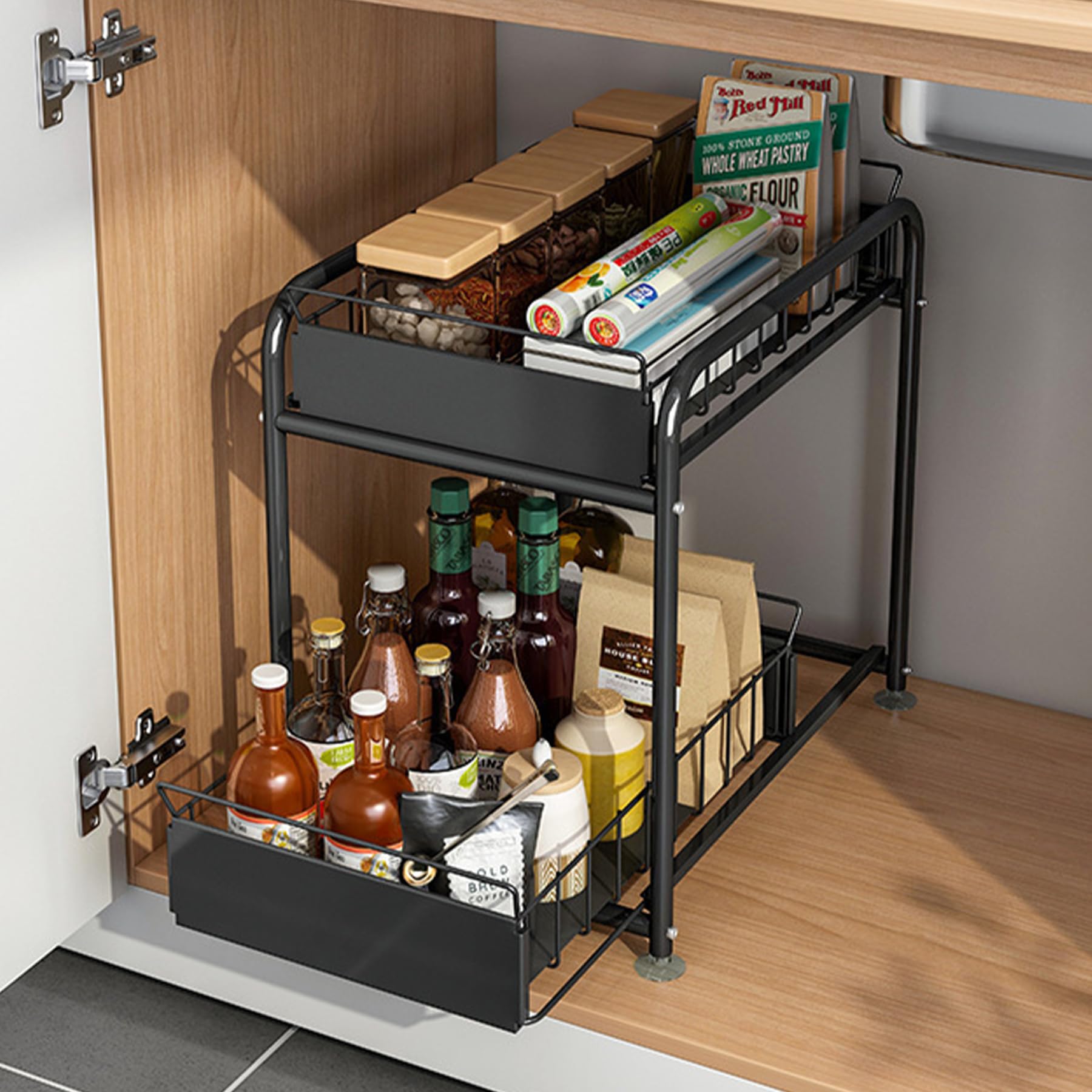 Under Sink Organizers Storage Pull Out Drawers, Metal 2 Tier Slide Out Sink Shelf Cabinet with 2 Drawers, Double Sliding Storage Shelves with Hooks Kitchen Bathroom Black