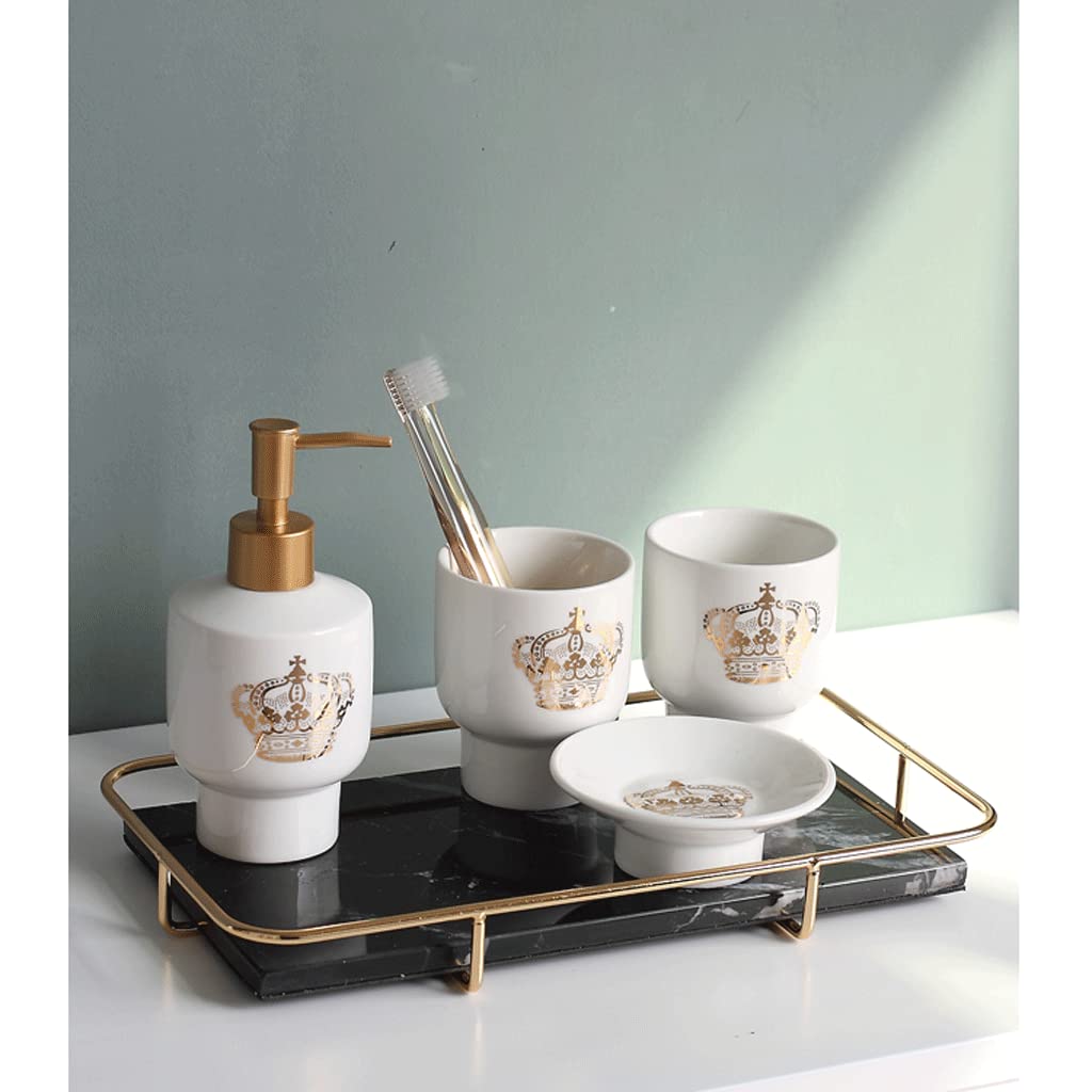 UTOYA Durable Ceramic Bathroom Accessory Set,Crown Print Bathroom Decor Accessories Set,Soap/Lotion Dispenser W/Luxury Gold Pump-Marble Tray Replacement
