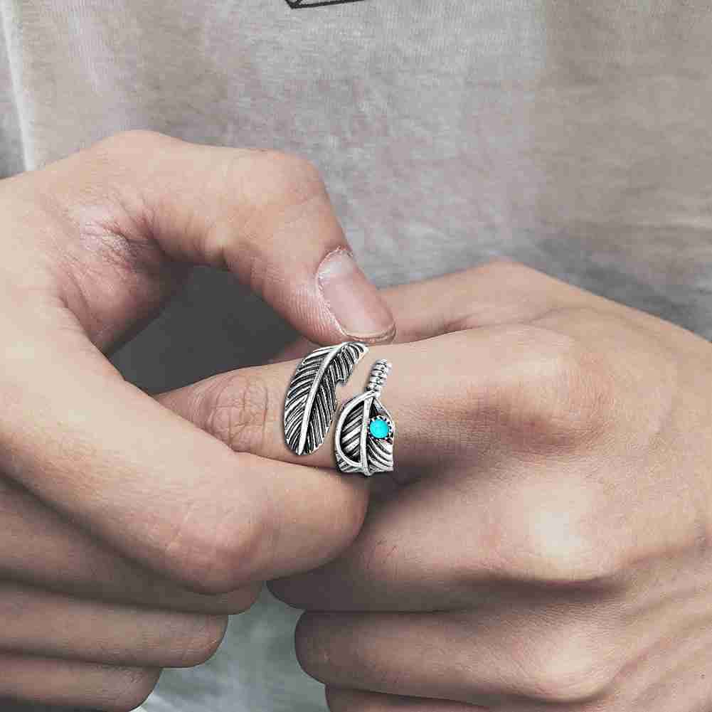weeee Stainless Steel Feather Turquoise Ring Feather Boho Wide Nature Ring Adjustable Silver Turquoise Feather Ring for Women Men