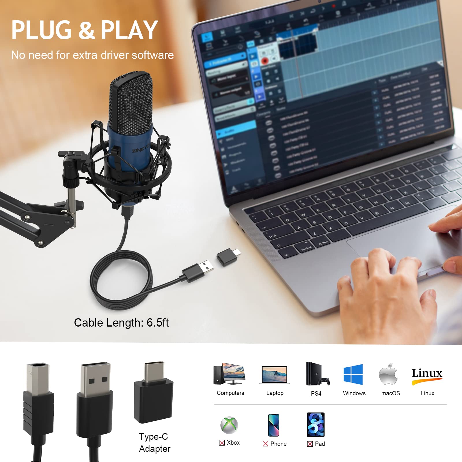 ZINGYOU USB Condenser Microphone, 96KHz/24Bit Cardioid Computer Mic Kit for PC Recording, Gaming, Podcasting, Live Streaming, Voice Over, YouTube, Twitch,with Upgraded Boom Arm, ZY-UA2 (Blue)