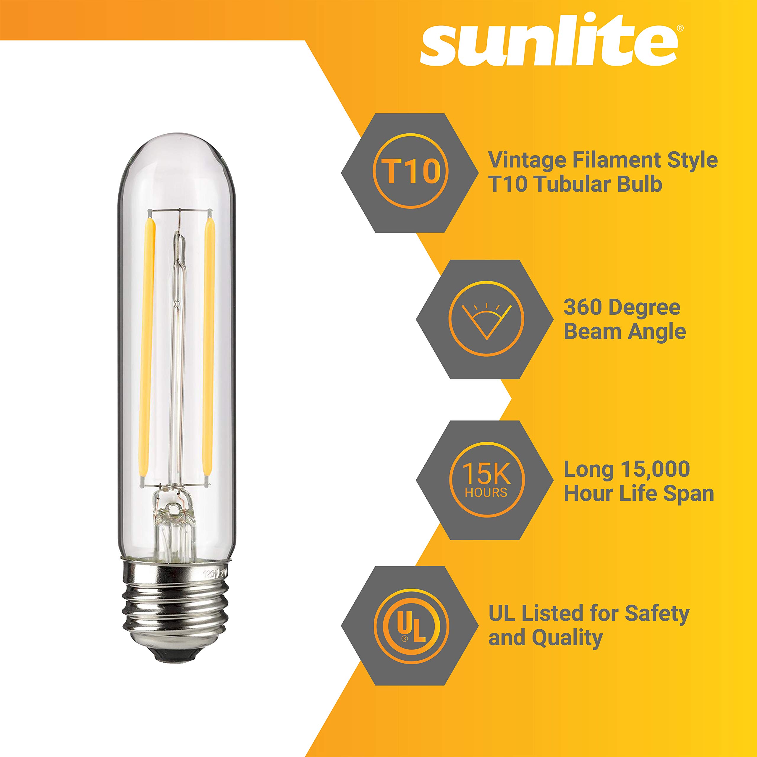 Sunlite 40232 LED Filament T10 Tubular Light Bulb, 2 Watts (25W Equivalent), 160 Lumens, E26 Base, Dimmable, 126mm, 6 Pack 2700K - Warm White