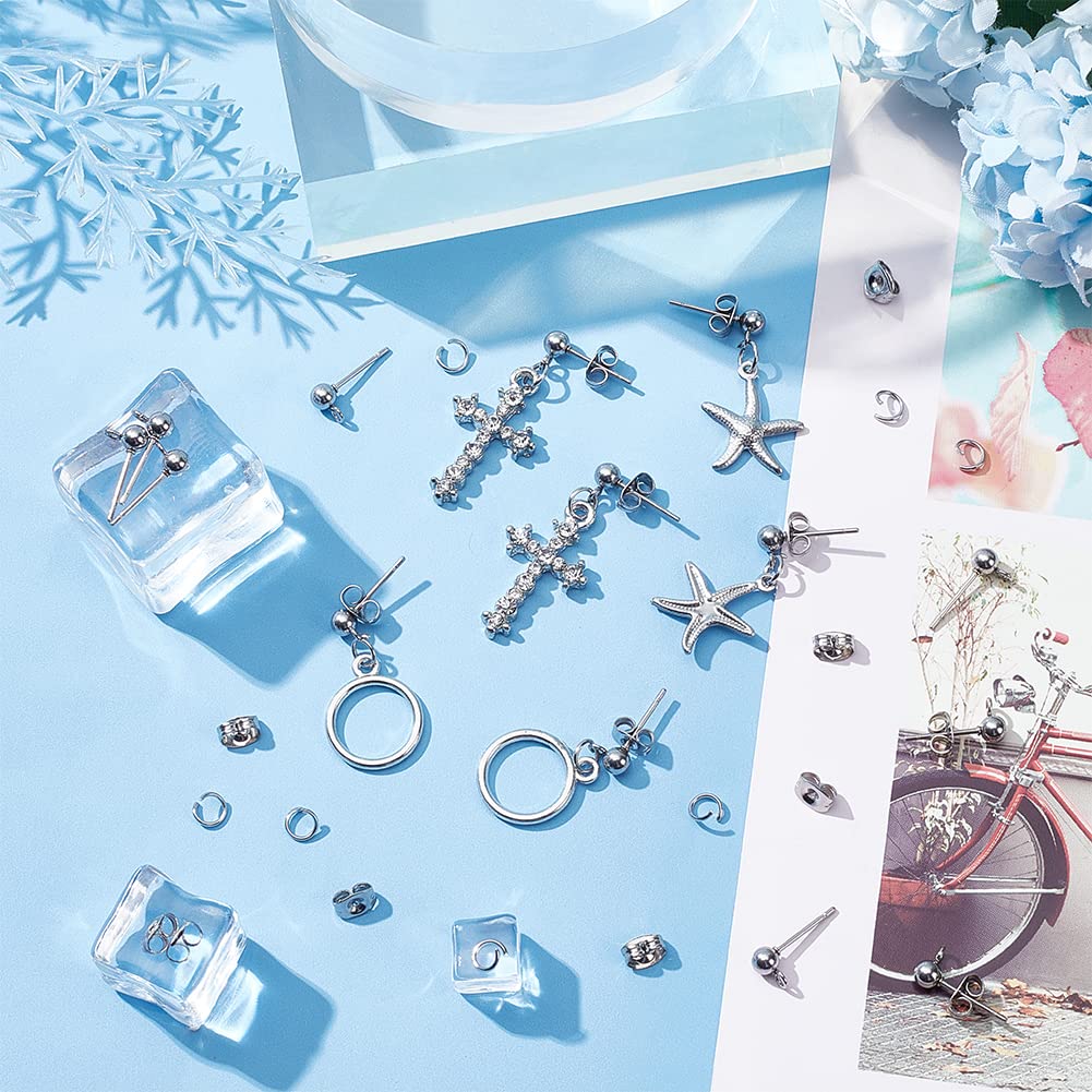 PH PandaHall 300pcs Ball Post Earring Studs, 304 Stainless Steel Ball Stud Earring Findings with Butterfly Earring Backs and Open Jump Rings for DIY Jewelry Earring Making