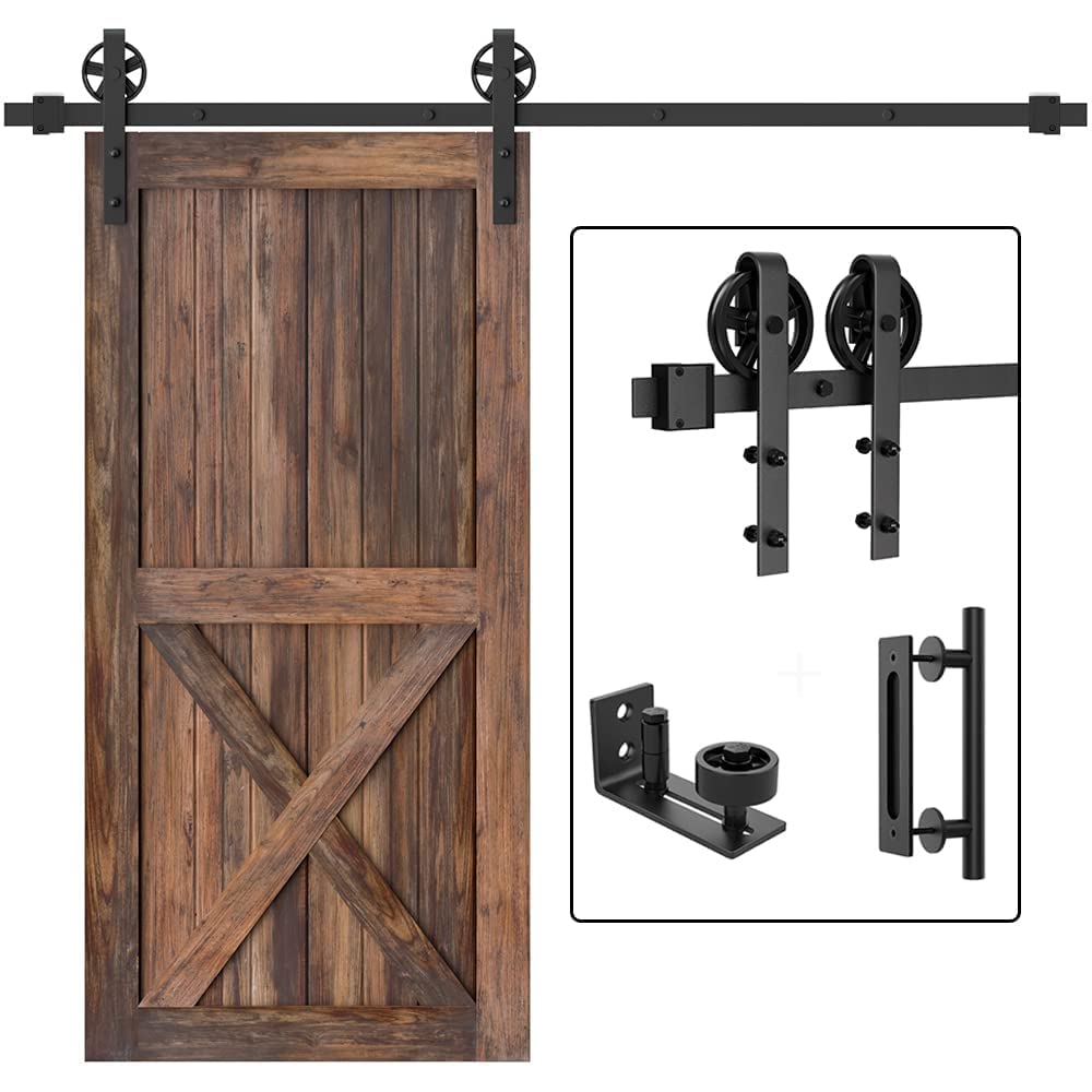 WINSOON 10FT Single Door Sliding Barn Door Hardware Kit with 1pc Barn Door Handle Set with 1pc Adjustable Floor Guide