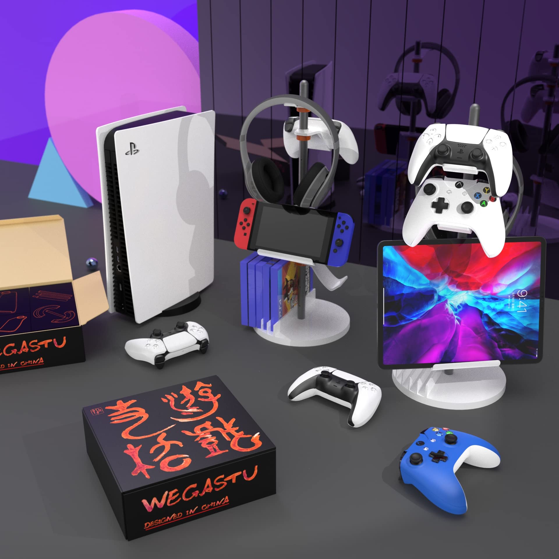 WEGASTU Headphone Stand,PS5 Controller Holder,Gaming Accessories Holder,CD Holder, ipad stand for Headset,Phone,Ipad,PS5,Xbox,Switch Game controller.Vertical desktop stereo stand.Removable combination